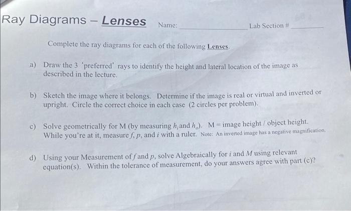 Solved Ray Diagrams - Lenses Name: Lab Section # Complete | Chegg.com