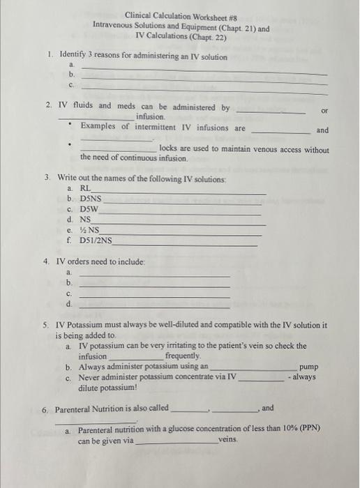 Clinical Calculation Worksheet π8 Intravenous | Chegg.com