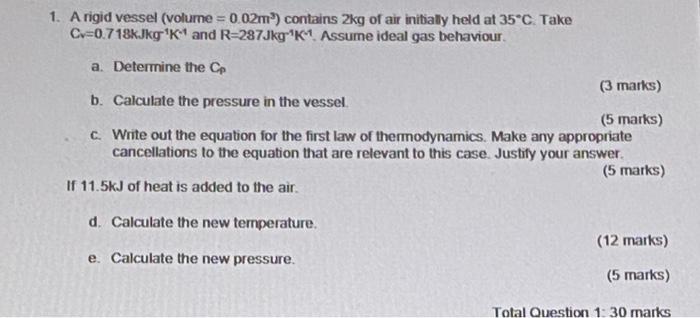 Solved 1. A rigid vessel (volume =0.02 m3 ) contains 2 kg of | Chegg.com