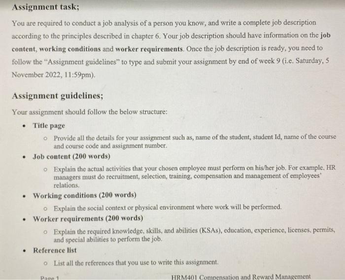 Solved Assignment task; You are required to conduct a job | Chegg.com