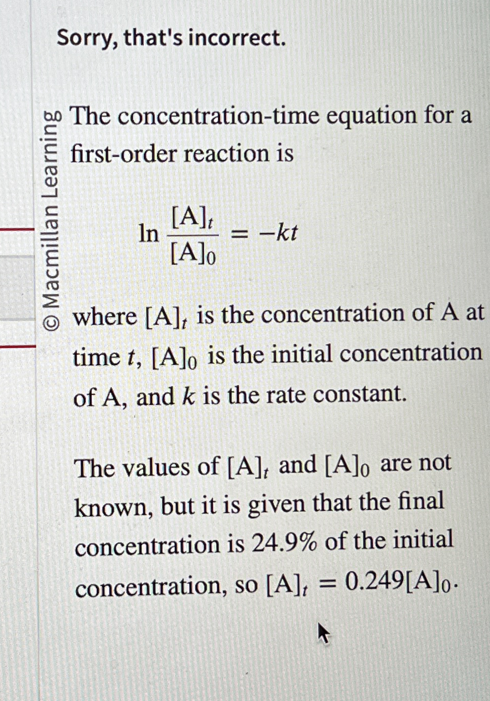 Solved Sorry, that's incorrect.The concentration-time | Chegg.com