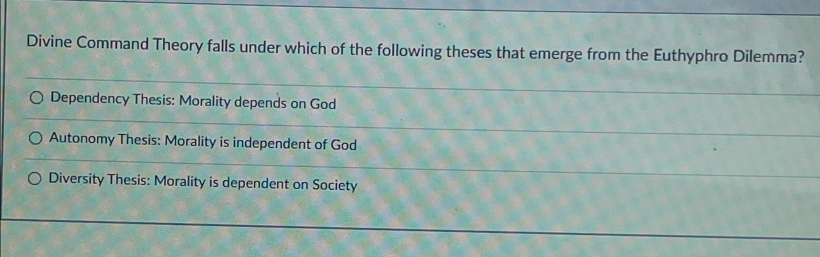 Solved Divine Command Theory falls under which of the | Chegg.com