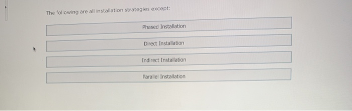 Solved The following are all installation strategies except: | Chegg.com