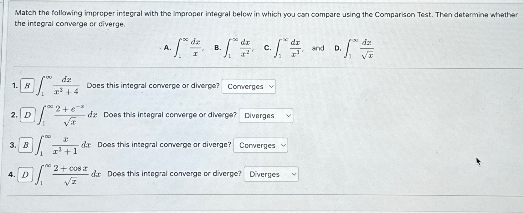 Solved Match the following improper integral with the | Chegg.com