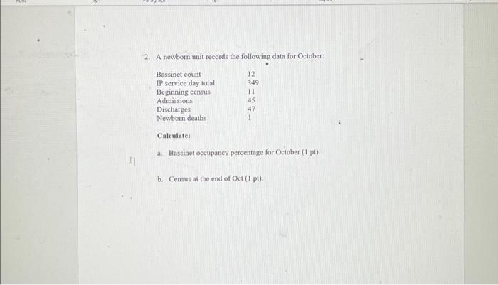 Solved 2. A newborn unit records the following data for | Chegg.com
