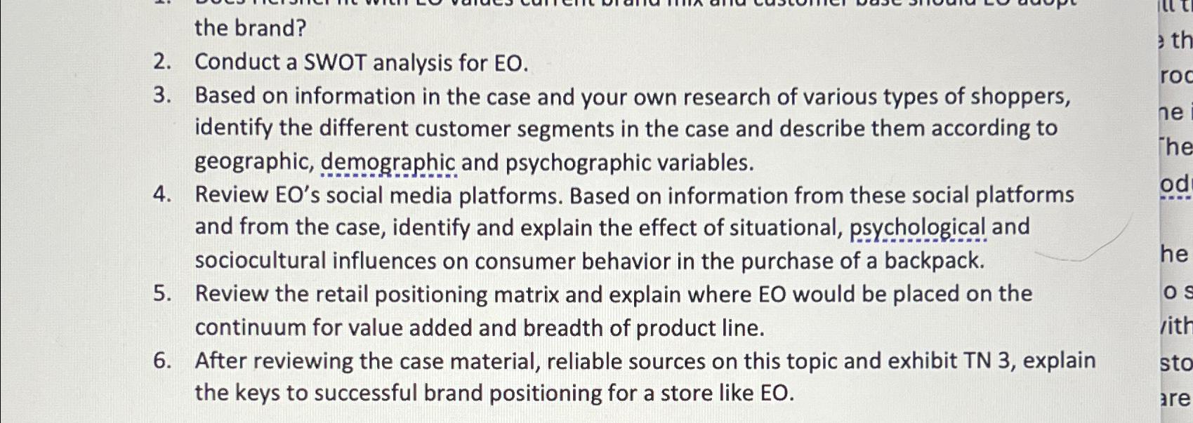 Solved the brand?2. ﻿Conduct a SWOT analysis for EO.3. | Chegg.com