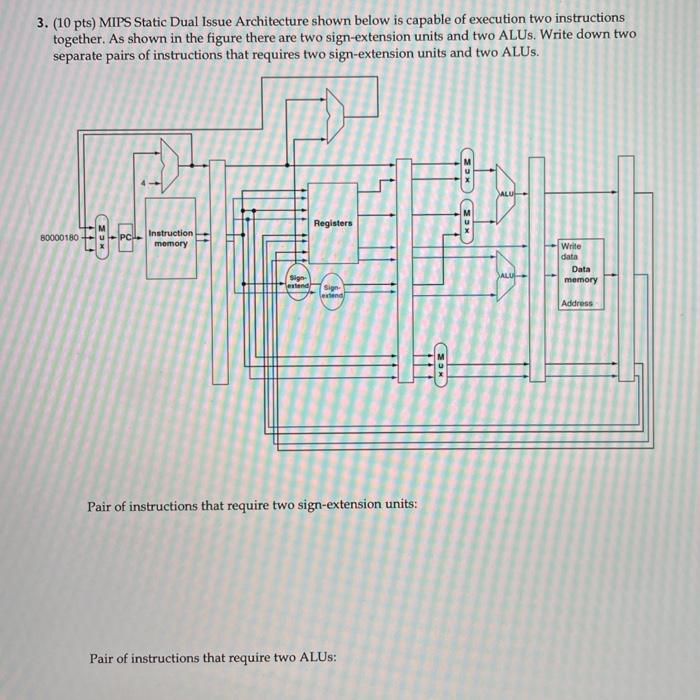 Solved 3. (10 pts) MIPS Static Dual Issue Architecture shown | Chegg.com