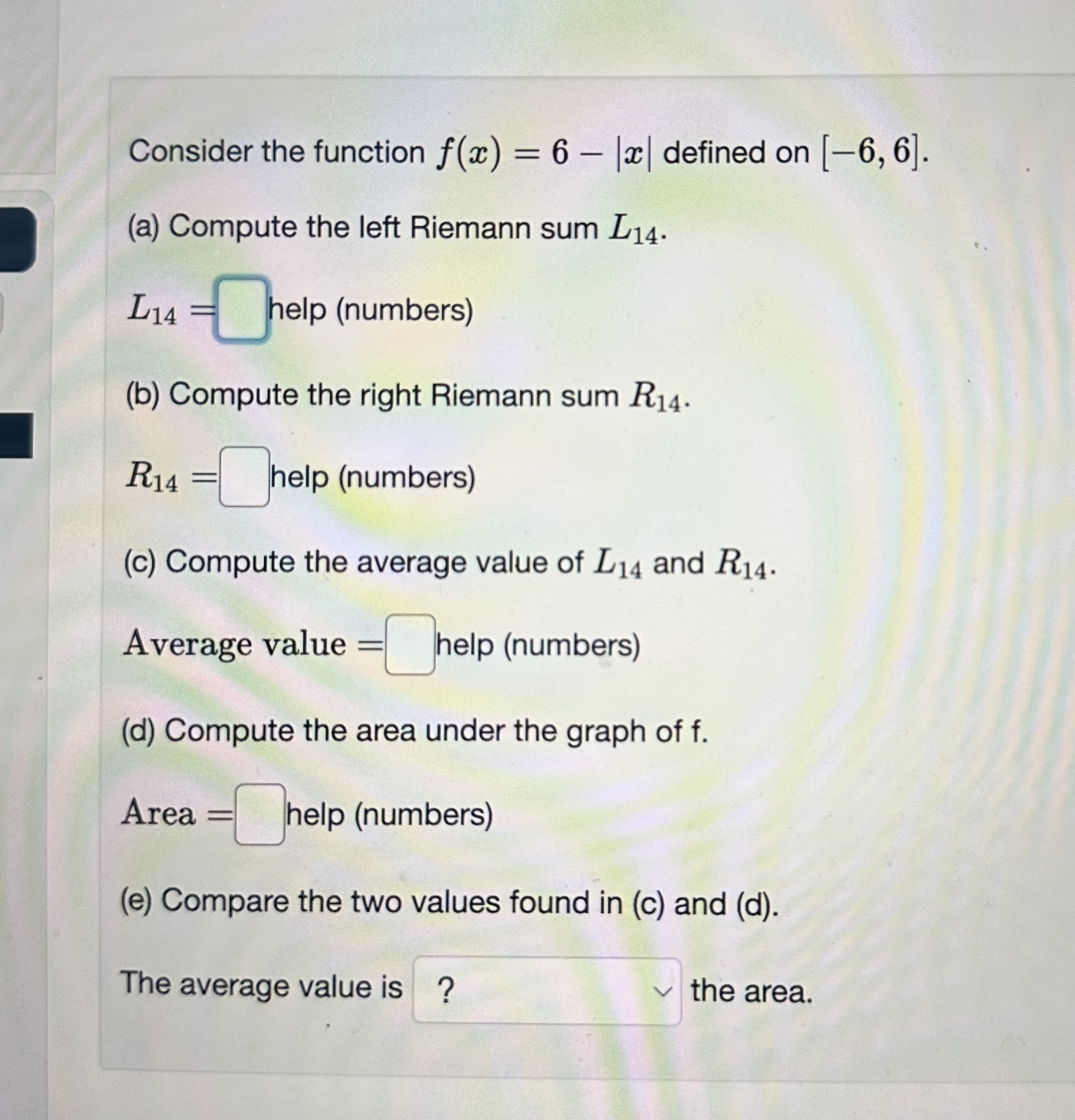 Solved Consider the function f(x)=6-|x| ﻿defined on -6,6.(a) | Chegg.com