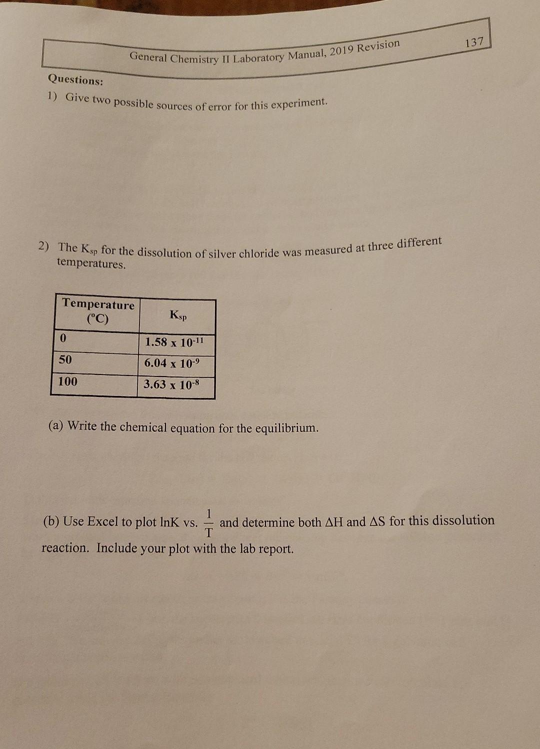 Solved 137 General Chemistry II Laboratory Manual, 2019 | Chegg.com