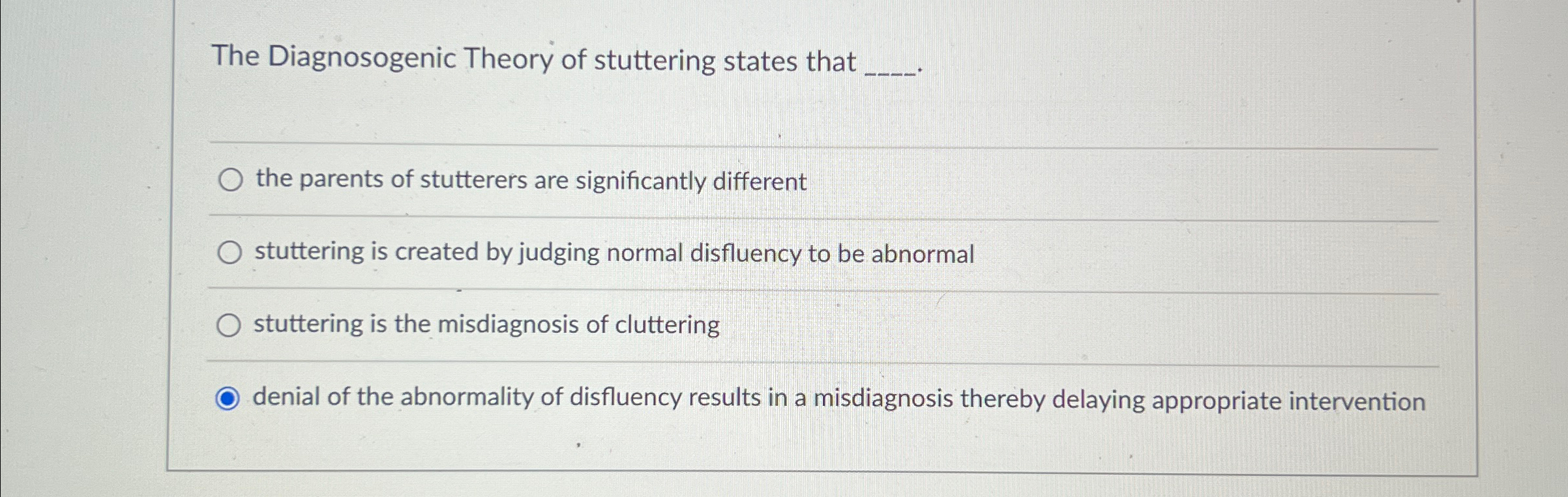 Solved The Diagnosogenic Theory of stuttering states thatthe | Chegg.com