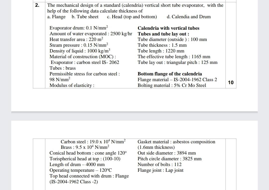 2. The mechanical design of a standard (calendria) | Chegg.com