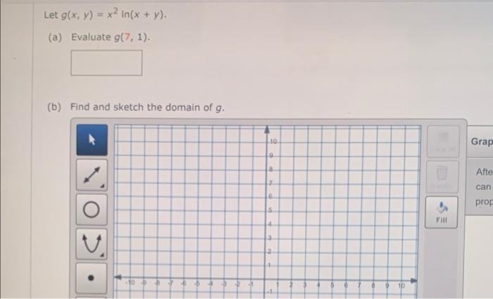 Solved Let g(x, y) = x2 In(x + y). (a) Evaluate g(7, 1). (b) | Chegg.com Solved Let g(x, y) = x2 In(x + y). (a) Evaluate g(7, 1). (b) | Chegg.com