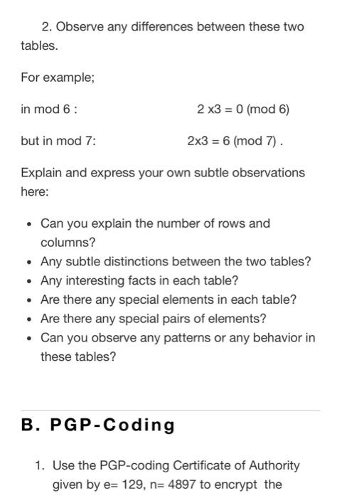 Solved A. Multiplications Modulo 6, and 7 1. Construct the | Chegg.com