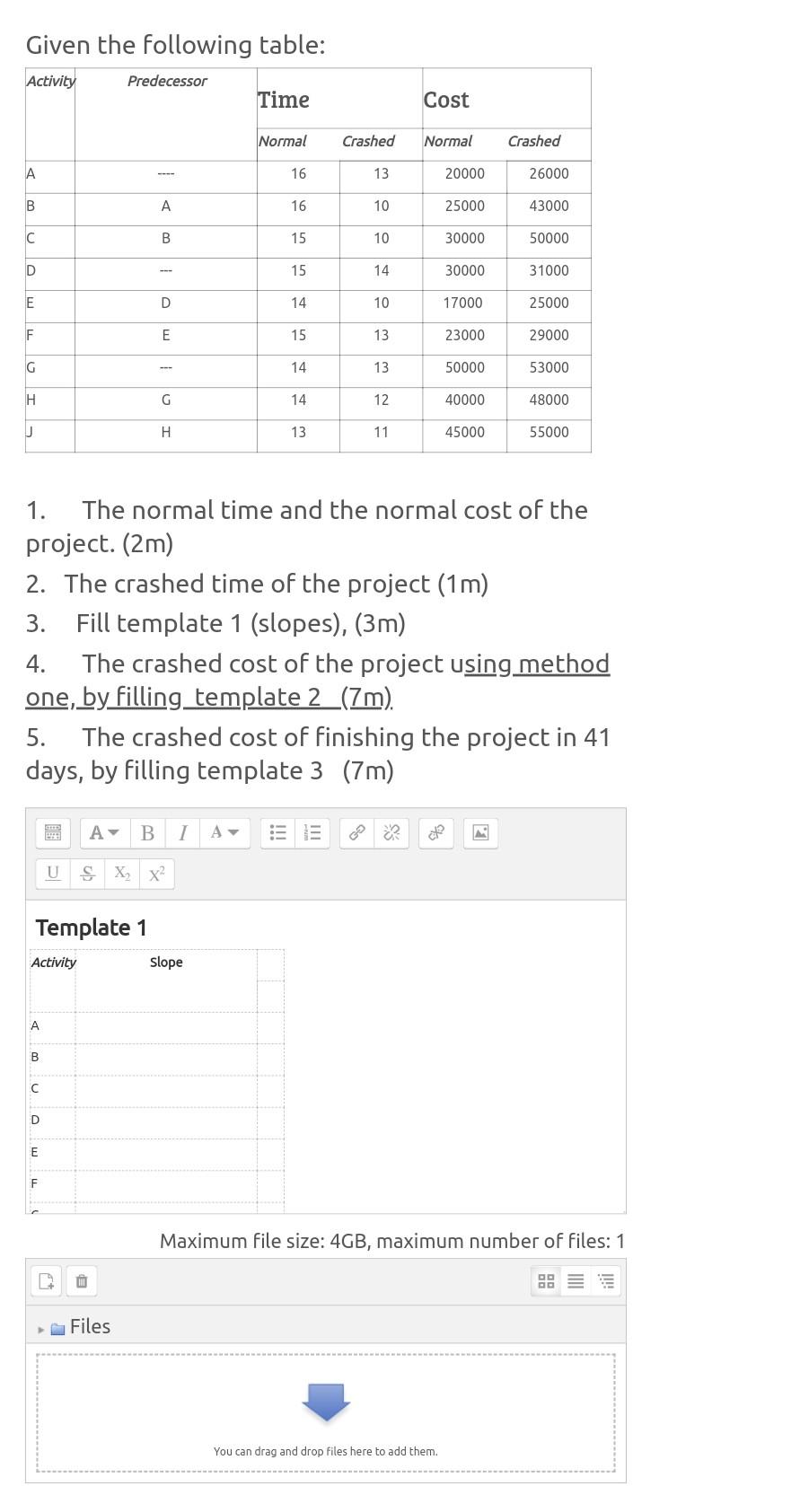 Given the following table: Activity Predecessor Time | Chegg.com