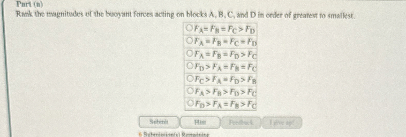 Solved Part (a)Rank the magnitudes of the buoyant forces | Chegg.com