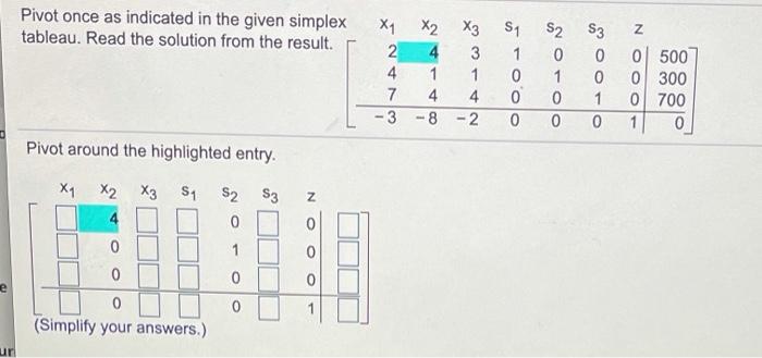 Solved Pivot once as indicated in the given simplex tableau. | Chegg.com