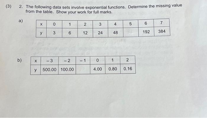 Solved 2. The following data sets involve exponential | Chegg.com