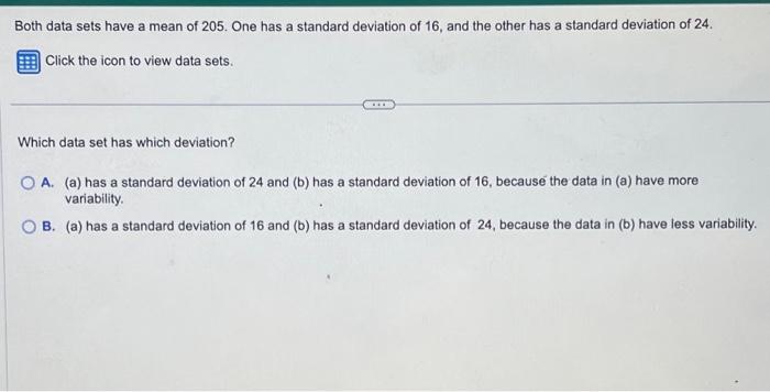 Solved Both data sets have a mean of 205 . One has a | Chegg.com