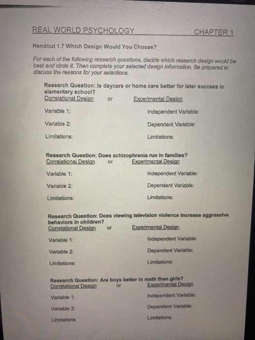Solved REAL WORLD PSYCHOLOGY CHAPTER 1 Handout 1.7 Which | Chegg.com