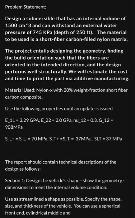 Solved Problem Statement: Design a submersible that has an | Chegg.com