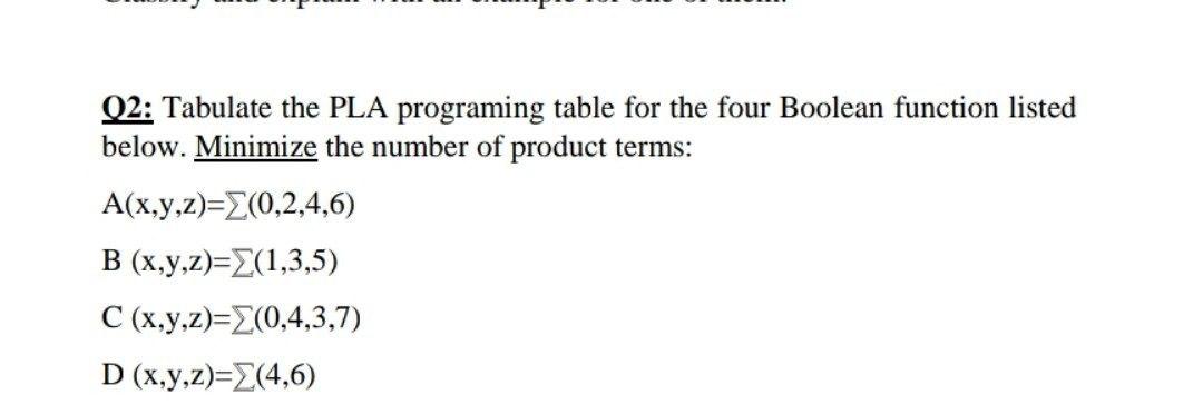 Solved Q2: Tabulate the PLA programing table for the four | Chegg.com