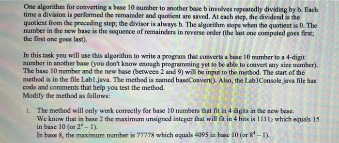 Solved One algorithm for converting a base 10 number to | Chegg.com