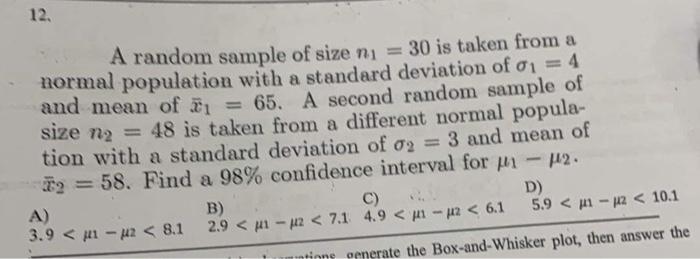Solved 12. A random sample of size n₁ = 30 is taken from a | Chegg.com