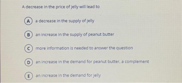 Solved A decrease in the price of jelly will lead to B C D E | Chegg.com