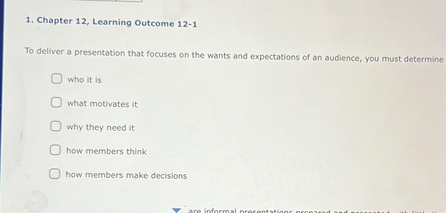 Solved Chapter 12, ﻿Learning Outcome 12-1To deliver a | Chegg.com