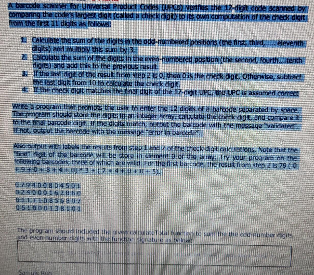 Solved A barcode scanner for Universal Product Codes (UPCs) | Chegg.com