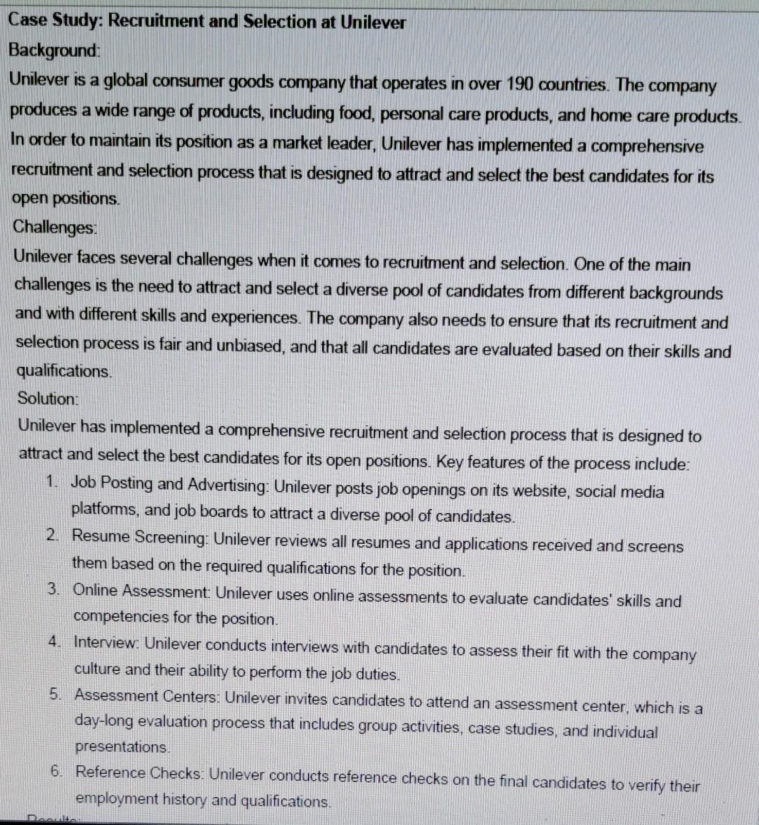 Solved Case Study: Recruitment and Selection at Unilever | Chegg.com