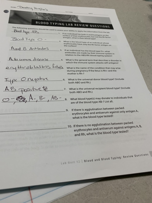 Solved name Destiny Hughes BLOOD TYPING LAB REVIEW QUESTIONS | Chegg.com