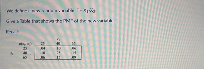 Solved We define a new random variable T= X1-X2 Give a Table | Chegg.com