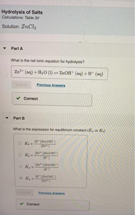 Solved Hydrolysis of Salts Calculations: Table 3d Solution: | Chegg.com
