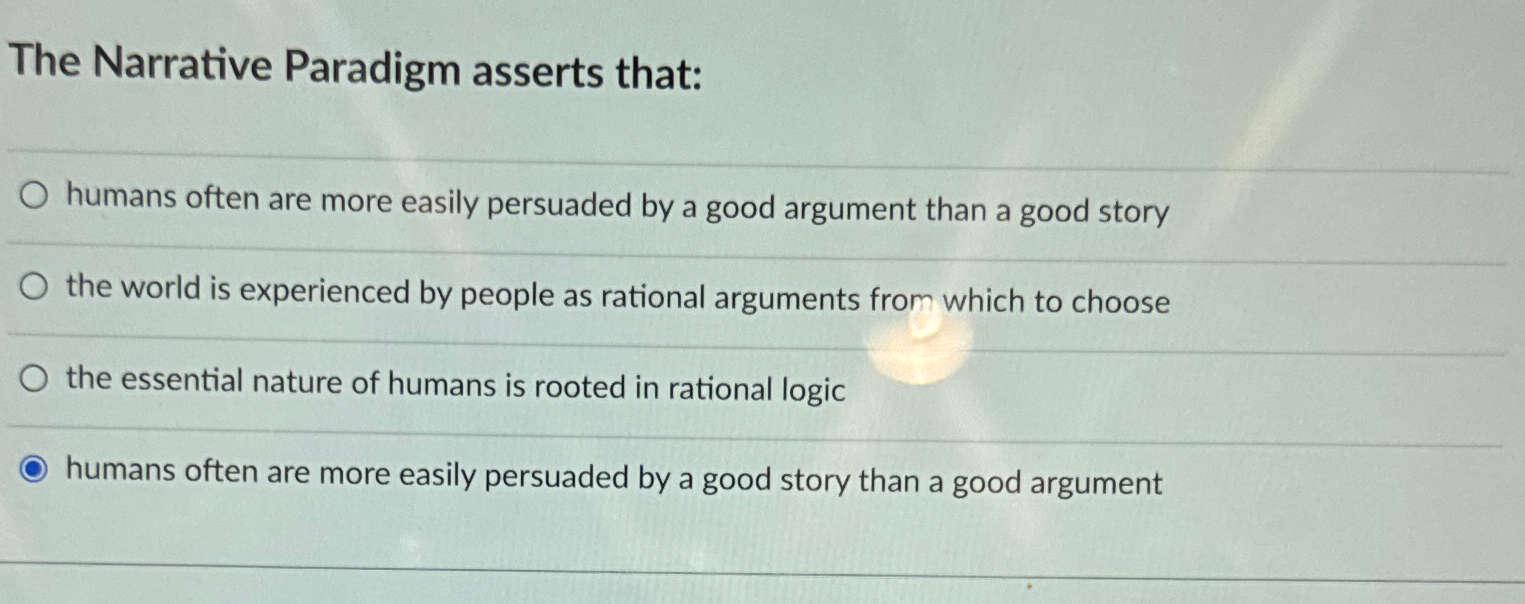 Solved The Narrative Paradigm asserts that: ﻿humans often | Chegg.com