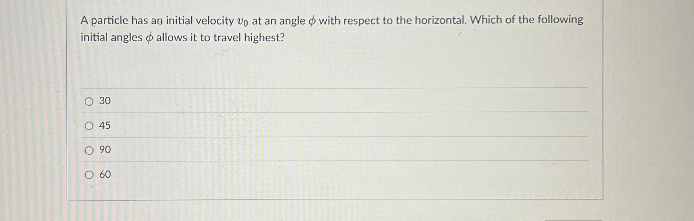 Solved A particle has an initial velocity v0 ﻿at an angle φ | Chegg.com