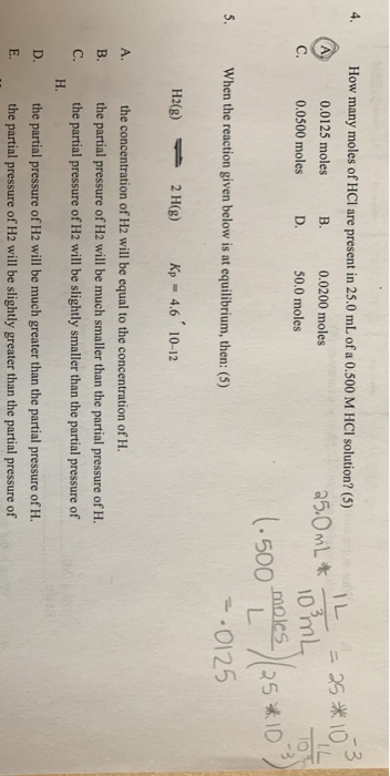 Solved 4. How many moles of HCl are present in 25.0 mL of a | Chegg.com