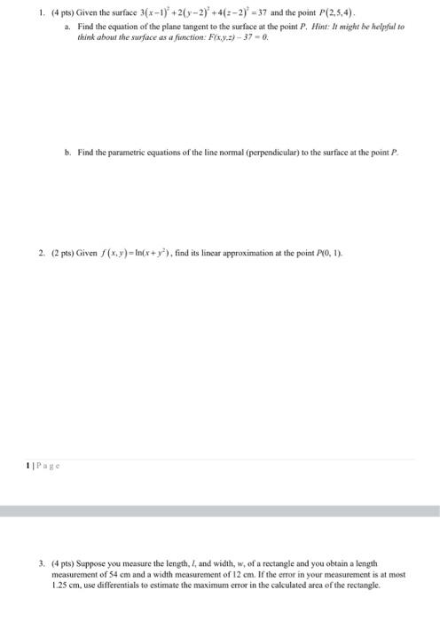 Solved 1. (4 pts) Given the surface | Chegg.com