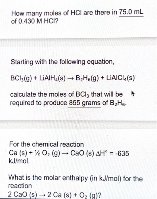Solved How many moles of HCl are there in 75.0 mL of | Chegg.com