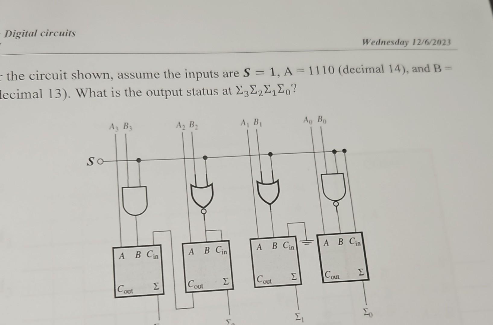 Solved the circuit shown, assume the inputs are S=1, A=1110 | Chegg.com