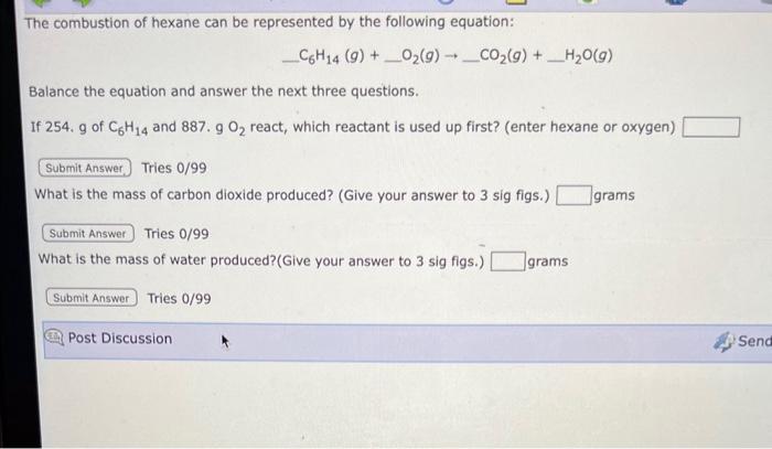 Solved The combustion of hexane can be represented by the | Chegg.com