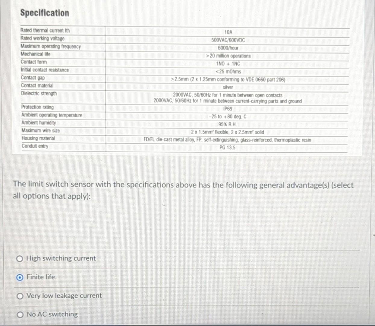 Solved Specification The limit switch sensor with the | Chegg.com