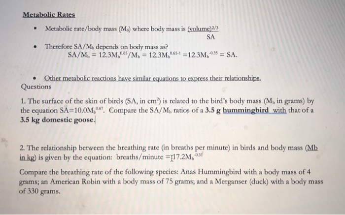 Solved Metabolic Rates - Metabolic rate/body mass (M.) where | Chegg.com