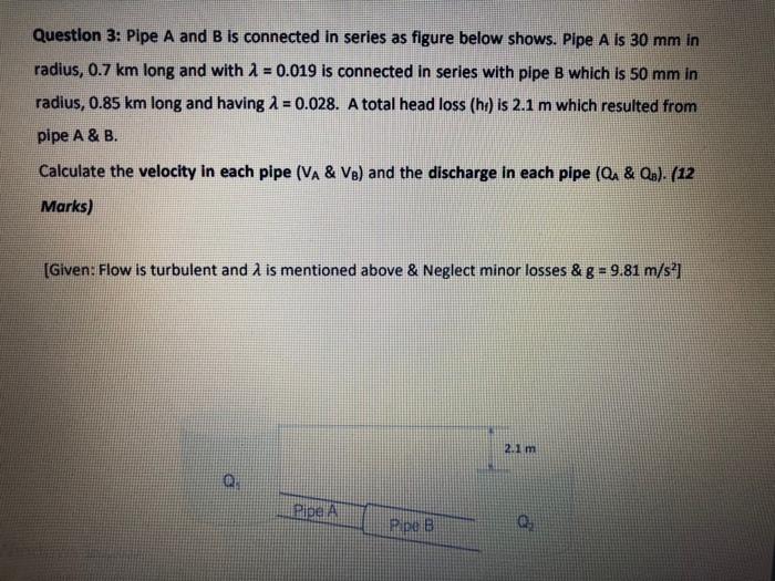 Solved Question 3: Pipe A and B is connected in series as | Chegg.com