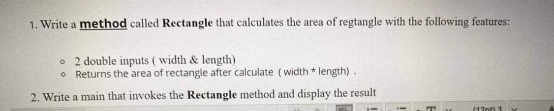 Solved 1. Write a method called Rectangle that calculates | Chegg.com