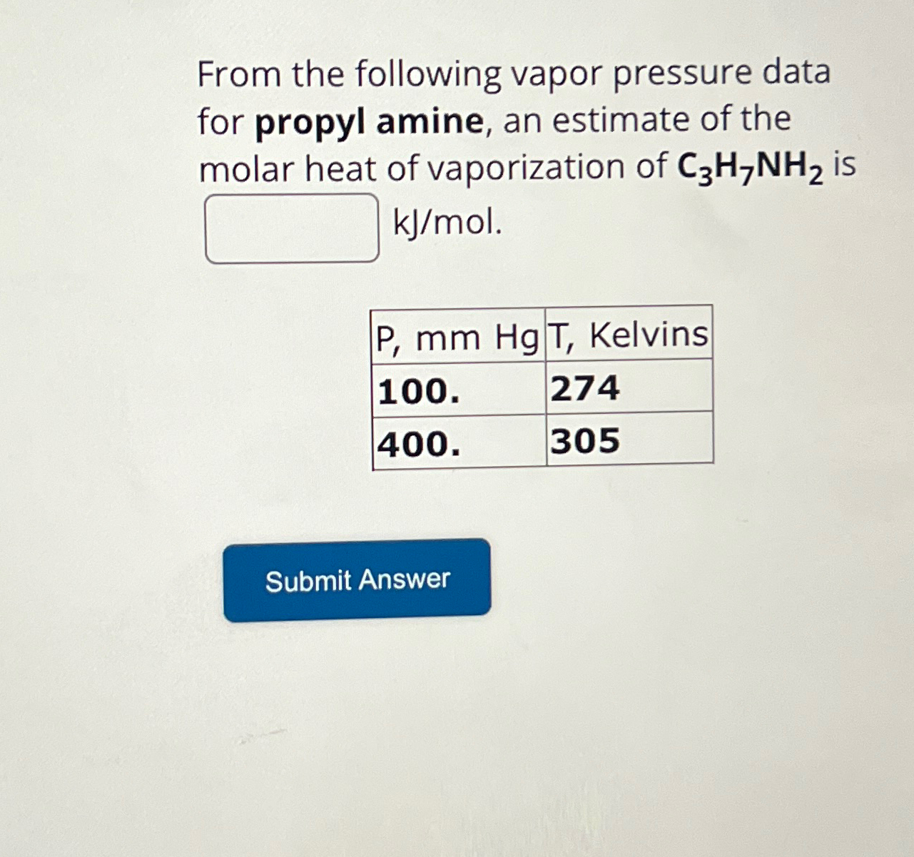 Solved From the following vapor pressure data for propyl | Chegg.com