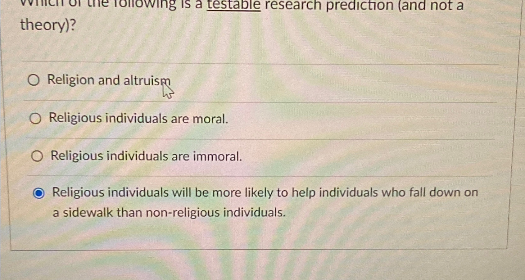 Solved theory)?Religion and altruismReligious individuals | Chegg.com