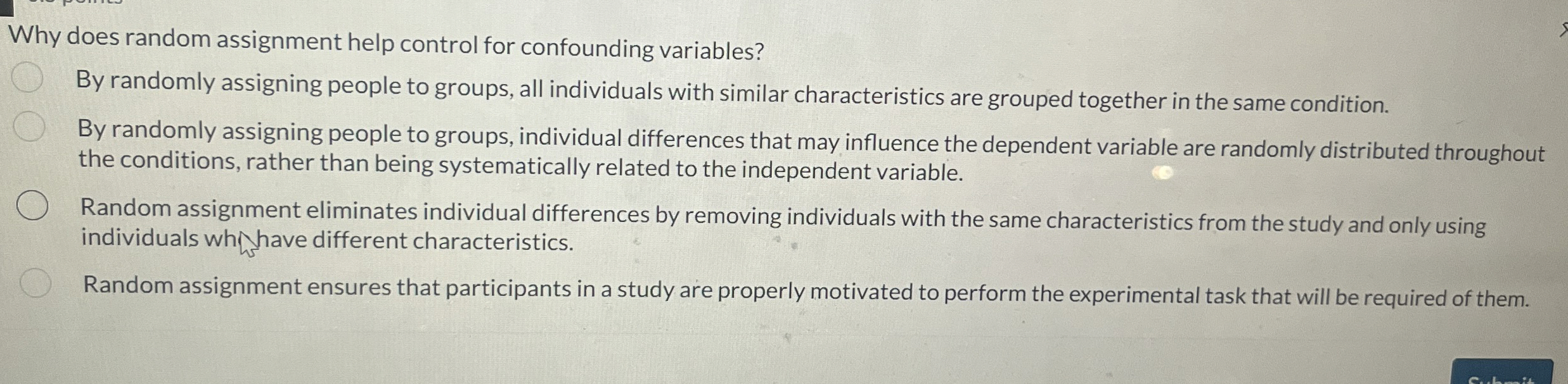 Solved Why does random assignment help control for | Chegg.com