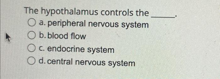 Solved The hypothalamus controls the a. peripheral nervous | Chegg.com