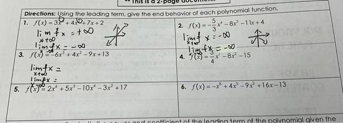 Solved Directions: Using the leading term, give the end | Chegg.com